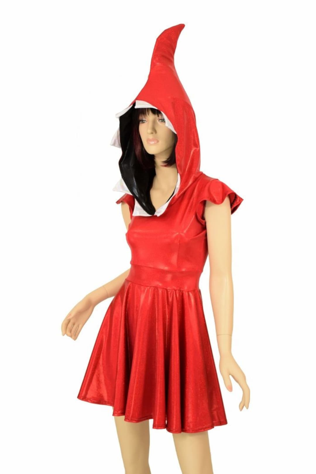 Red Sparkly Jewel Shark Fin Hoodie Skater Dress With Black Zen Lined ...