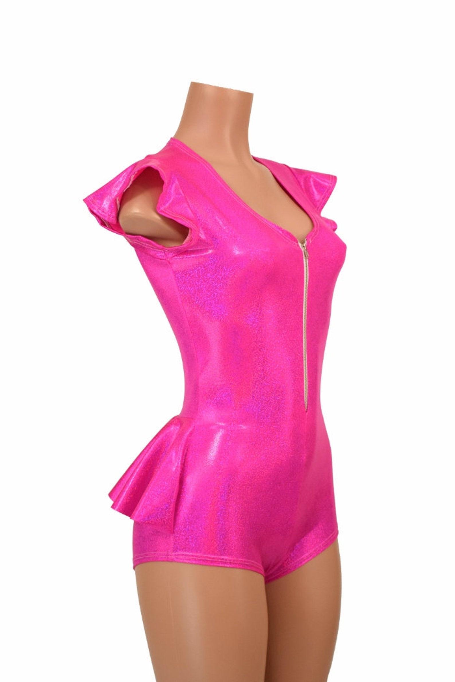 Neon Pink Zipper Front Ruffle Rump Romper With Scoop Neck - Etsy