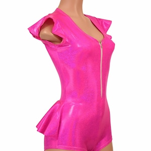Neon Pink Zipper Front Ruffle Rump Romper With Scoop Neck, Flip Sleeves ...