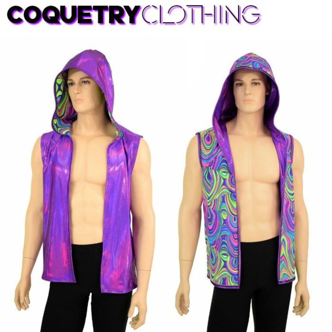 Mens Open Front Hooded Reversible Vest in Grape Purple Holographic ...