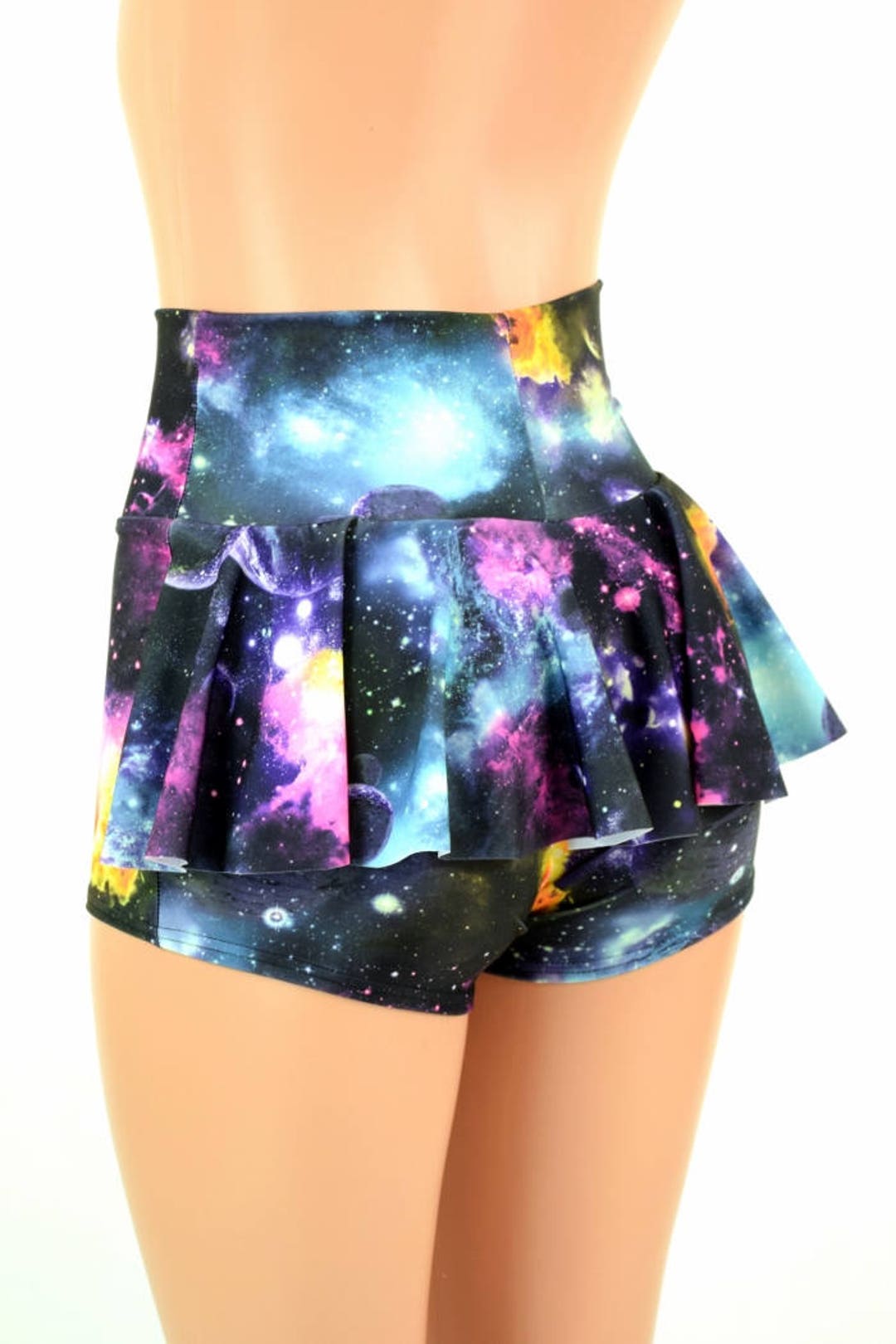 Galaxy UV Glow Cosmic Space High Waist Ruffle Rump Spandex Booty Shorts ...
