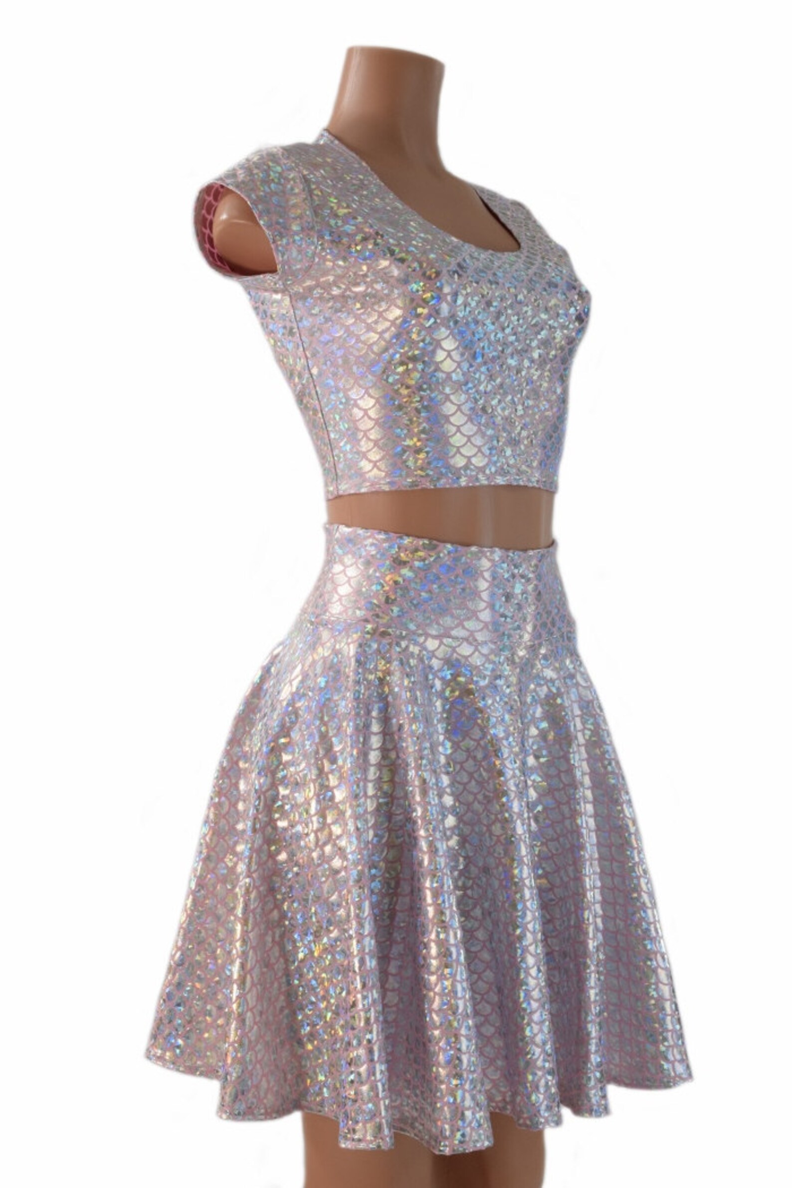Pink and Silver Mermaid Scale Cap Sleeve Crop Top & Circle Skirt Set - Etsy