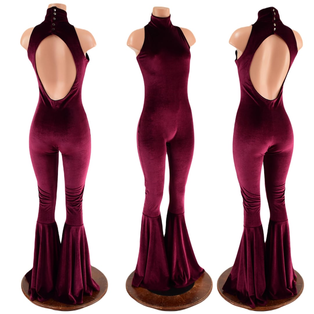 Backless, Bell Bottom, Burgundy Velvet Catsuit With Snap Back ...