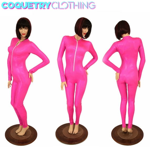 NEON UV Glow Pink Sparkly Jewel Catsuit With Long Sleeves and | Etsy