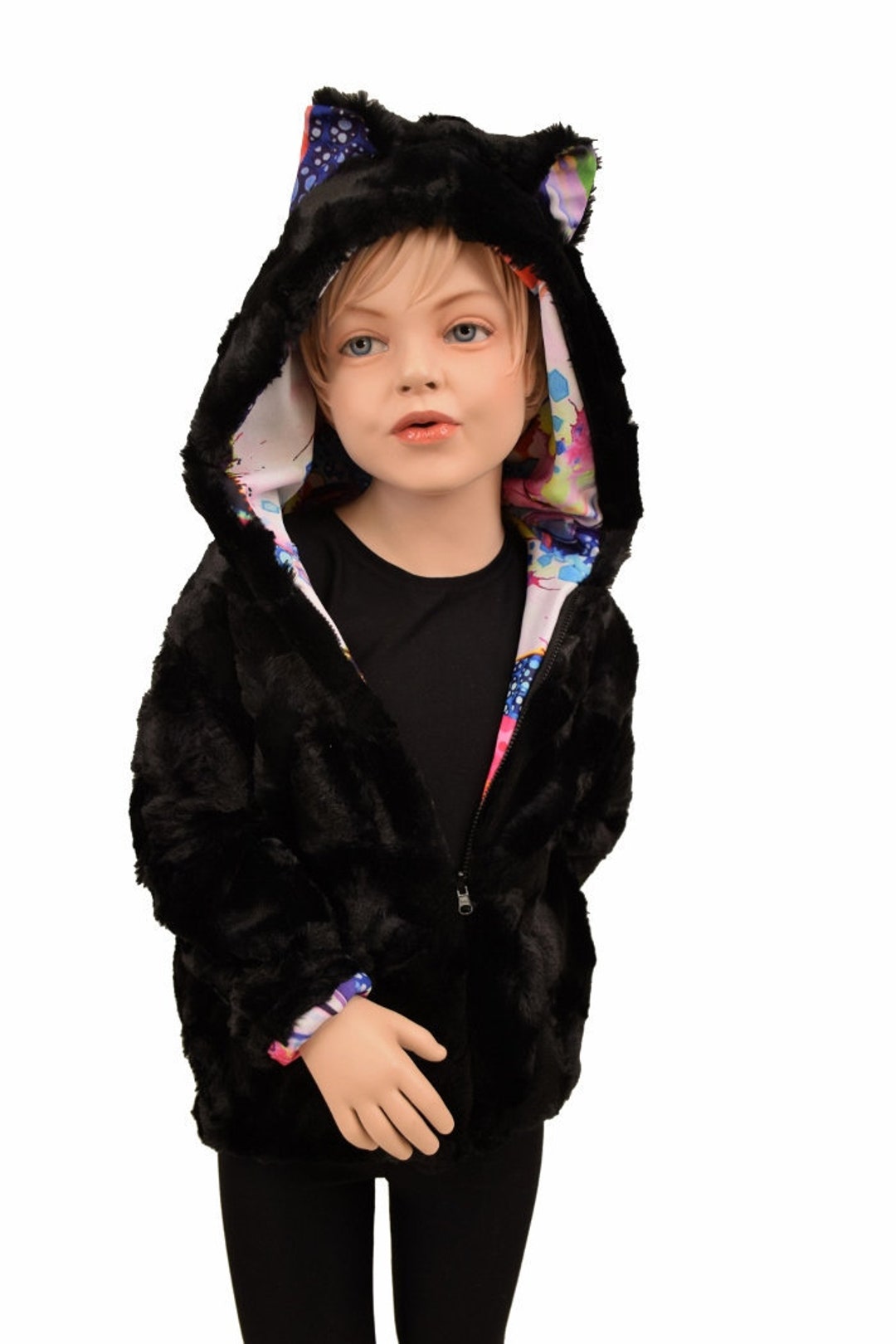 Childrens Black Minky Faux Fur Long Sleeve Zipper Front Jacket With ...