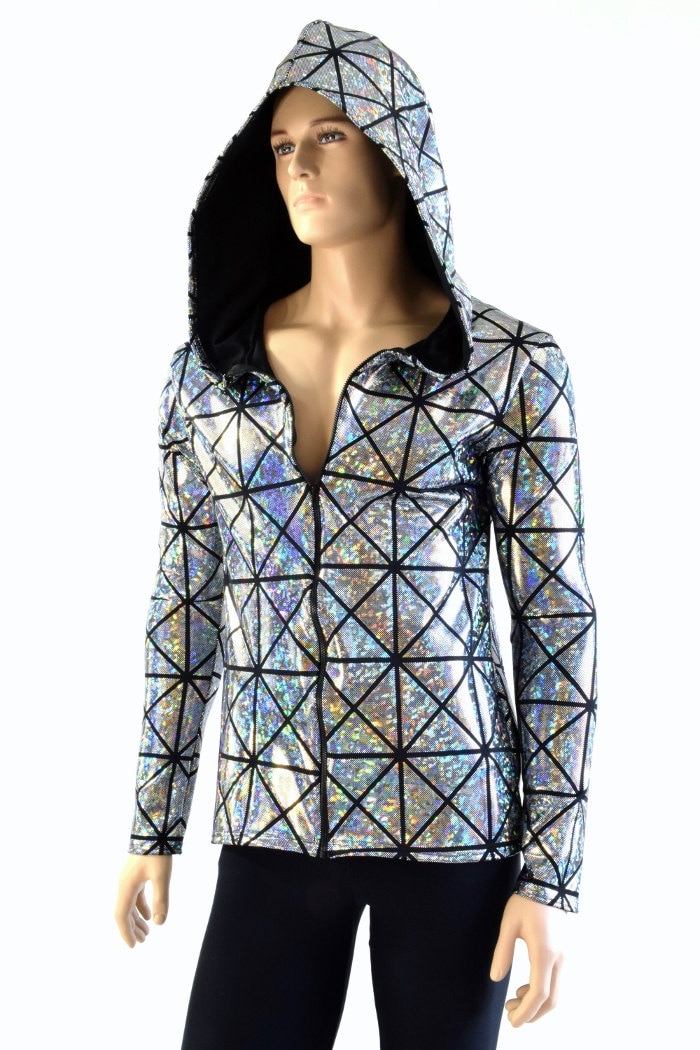 Mens Silver on Black Cracked Tile Holographic Long Sleeve Zipper Front ...