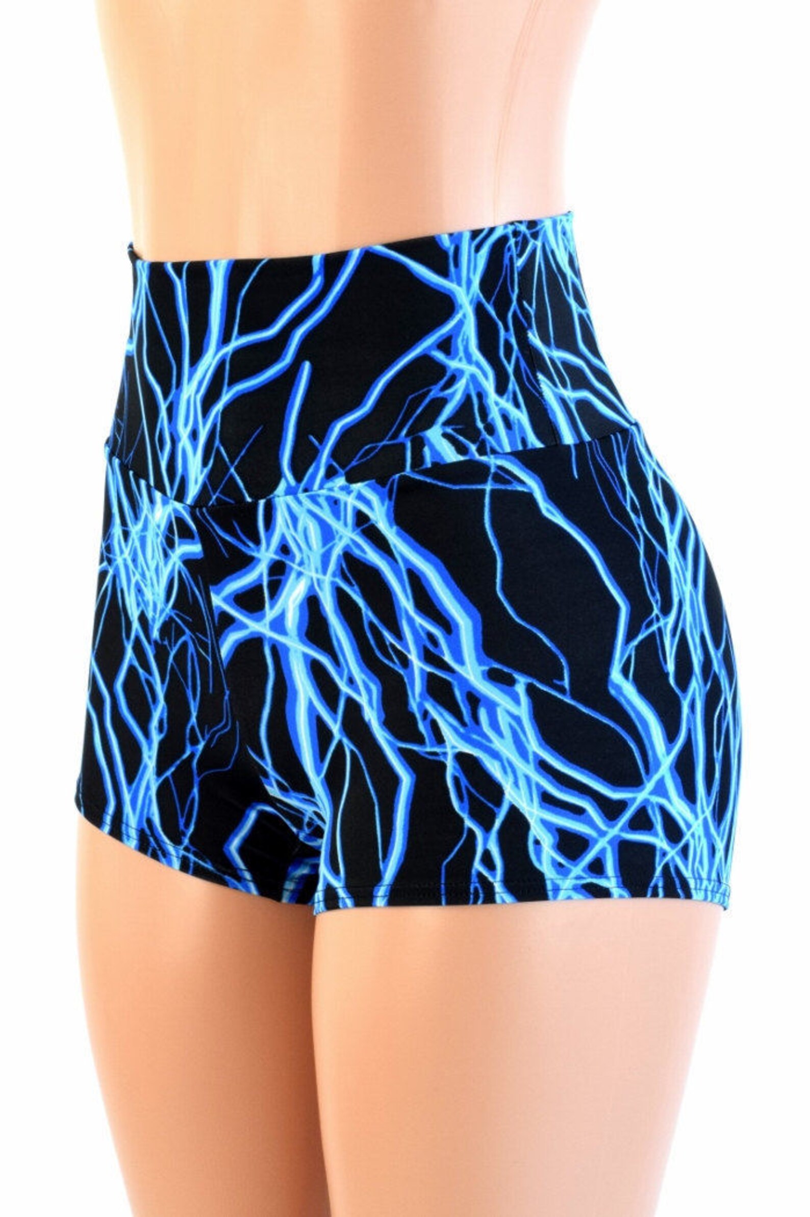 NEON UV Glow Blue Lightning Print High Waist Shorts 154283 - Etsy