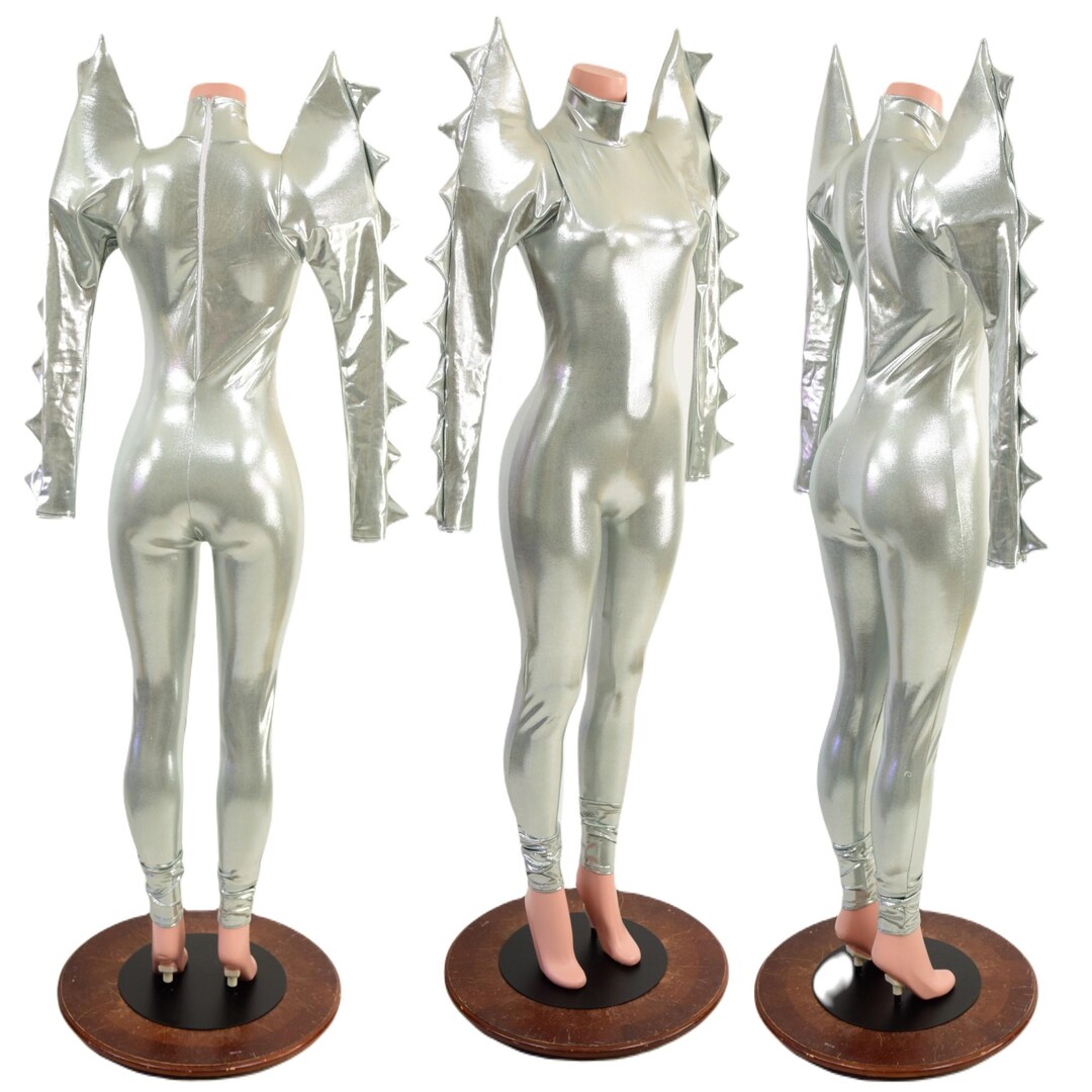Platinum Catsuit With Turtleneck and Back Zipper, Mega Sharp Shoulder ...