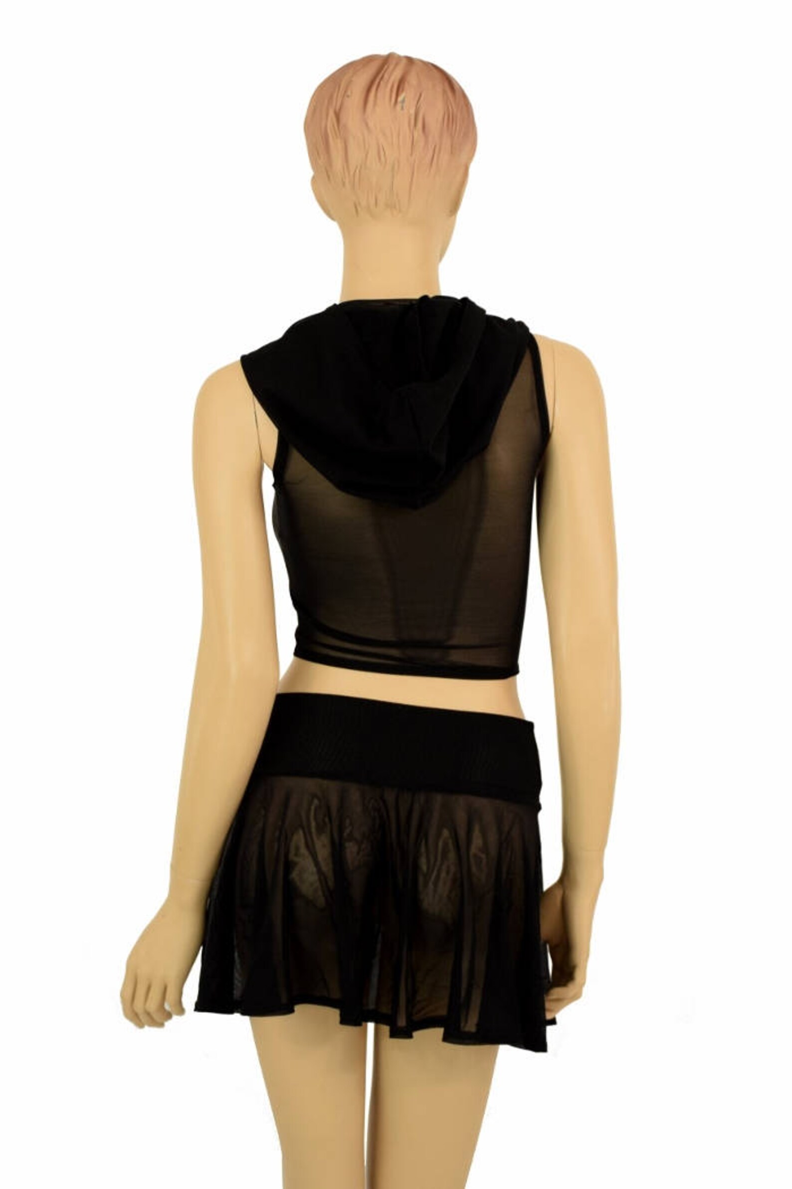 Sheer Stretch Mesh See Through Sleeveless Crop Hoodie & Mini Skirt Set ...