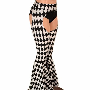 Mid Rise Bell Bottom Flare Chaps in Black & White Diamond Print UV GLOW ...