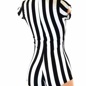 Black & White Stripe Referee Print Cap Sleeve Romper With Scoop Neck ...