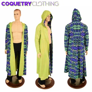 Reversible 4 Pocket Long Sleeve Hooded Duster Lime Holographic / UV ...