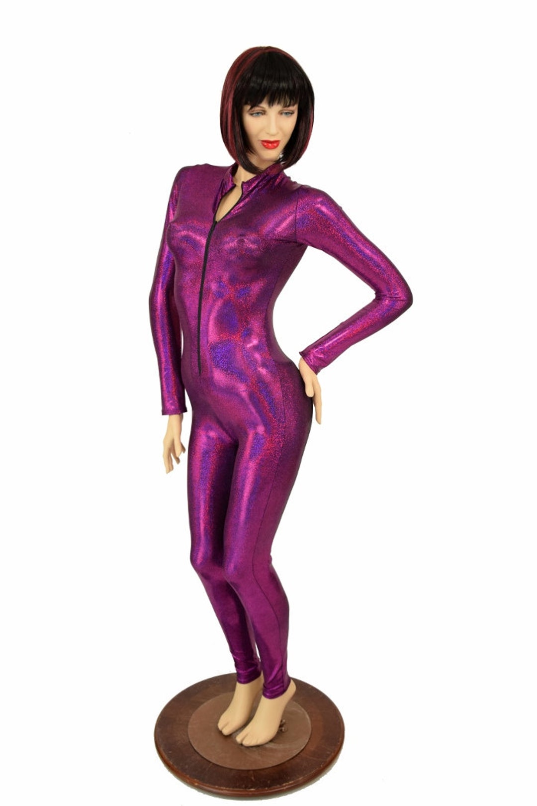 Fuchsia Sparkly Jewel Catsuit With Long Sleeves and Stella Front ...