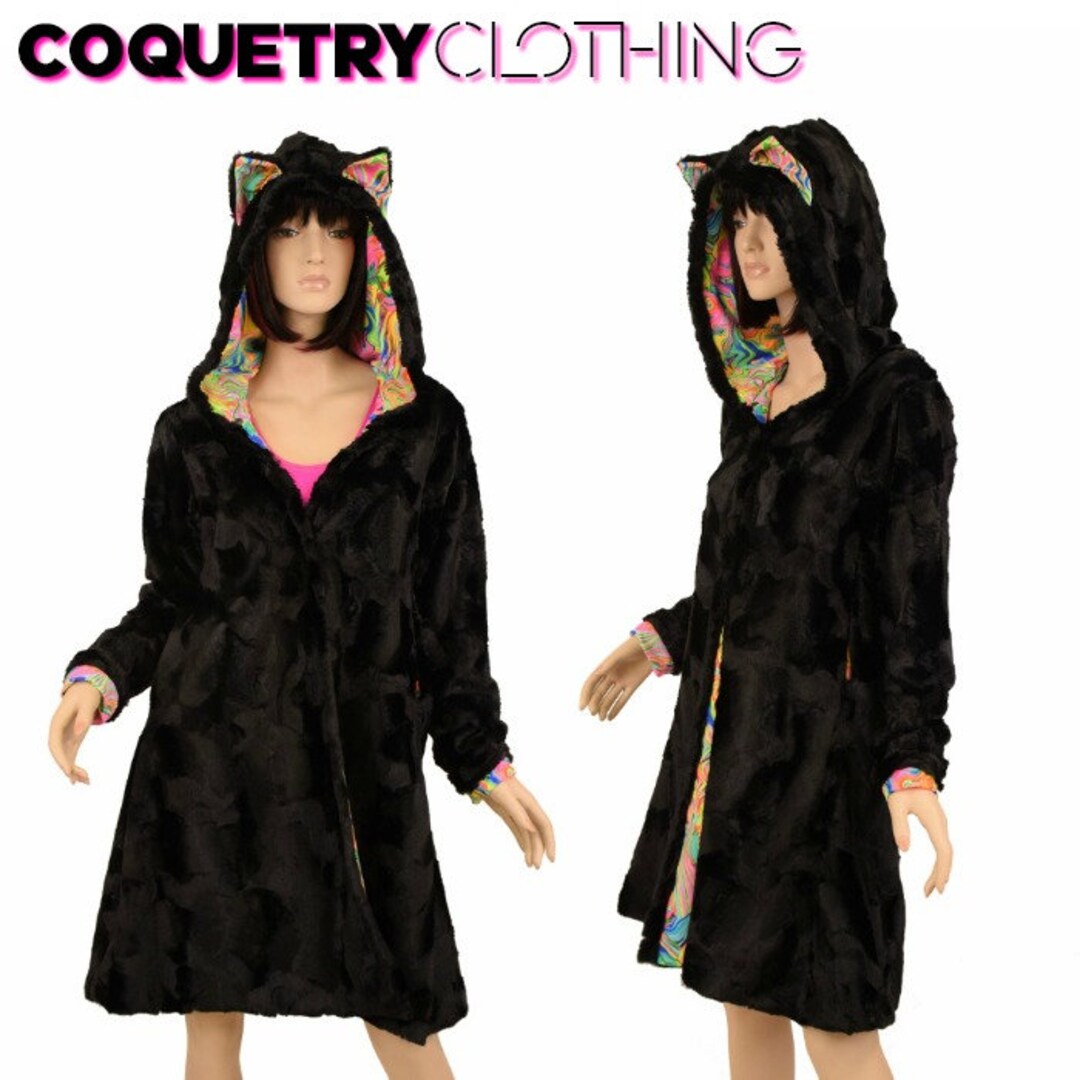 Reversible Minky A Line Coat in Black and Neon Flux With Kitty Ears - Etsy