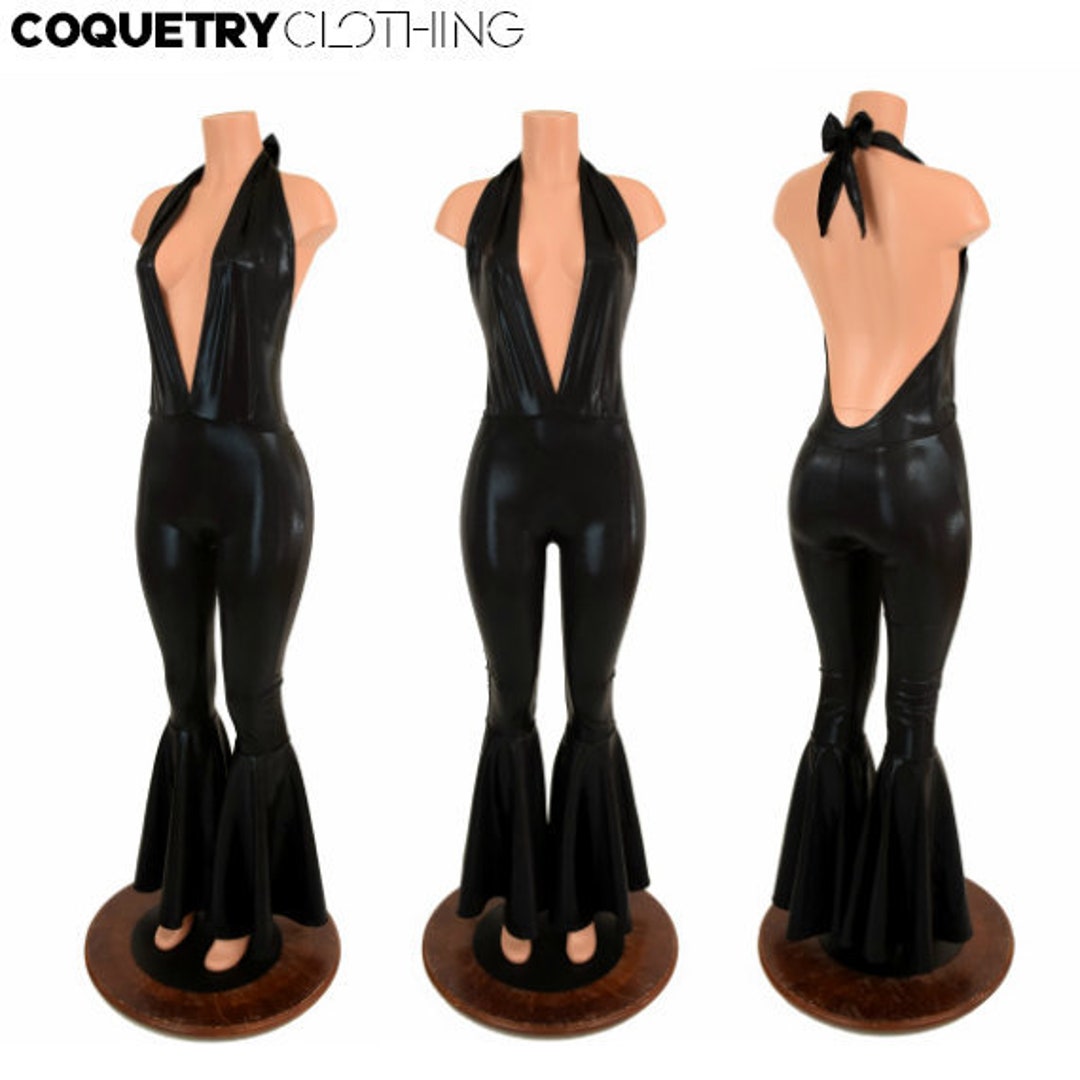 Black Mystique Metallic "josie" Halter Catsuit With Bell Bottom Flares ...
