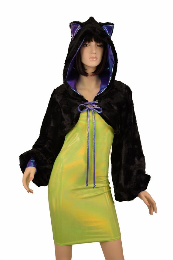 Black Minky Faux Fur Balloon Sleeve Hooded Kitty Ear Shrug | Etsy