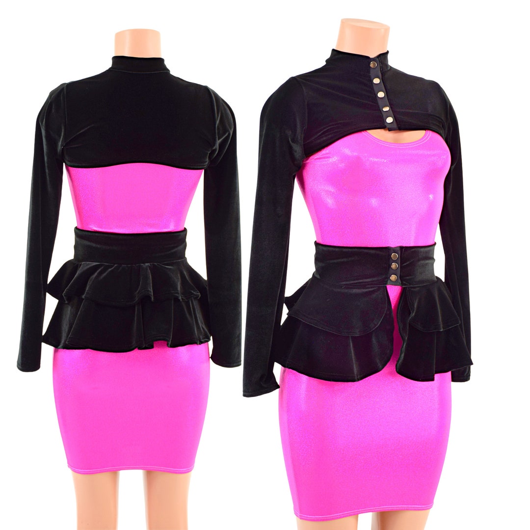 3PC Neon Pink Tank Dress W/ Black Velvet Bolero and Mini Ruffled Open ...