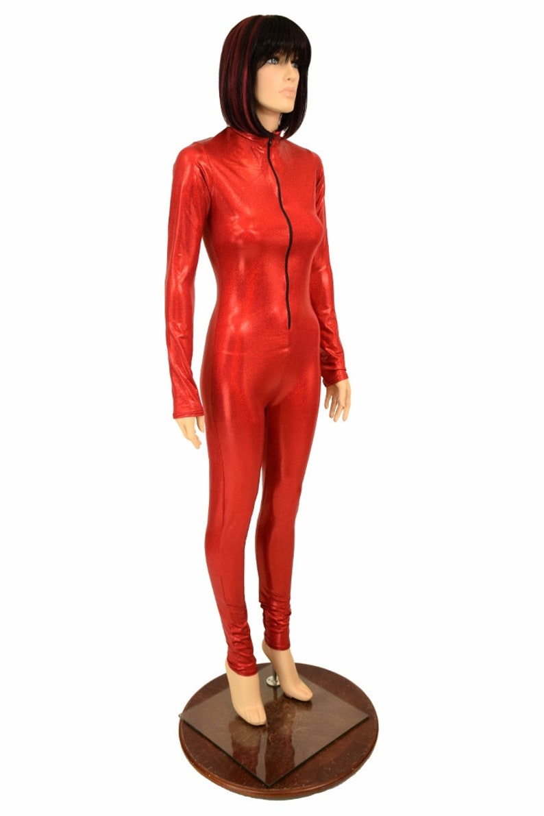 Red Sparkly Jewel Catsuit With Long Sleeves and Stella Front Zippered ...