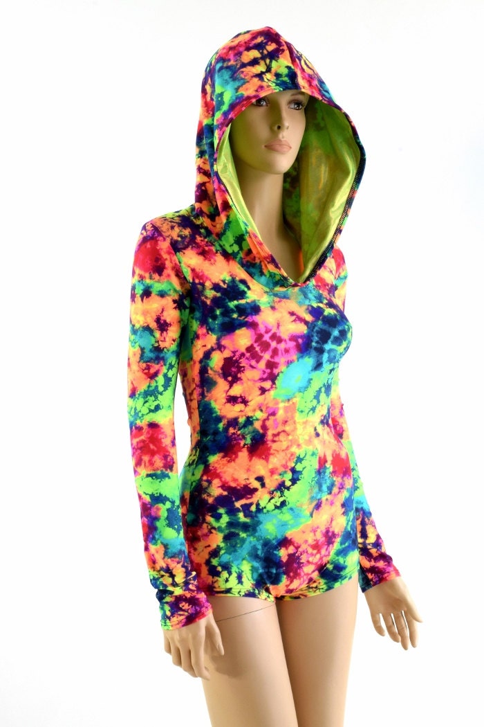 Neon UV Glow Acid Splash Print Long Sleeve Hoodie Romper With Lime ...