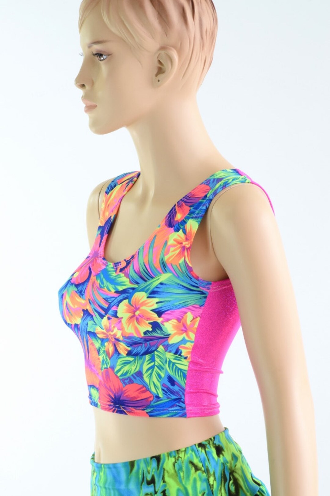 Two Tone Tank Style Crop Top Front to Back Reversible in Neon Pink ...