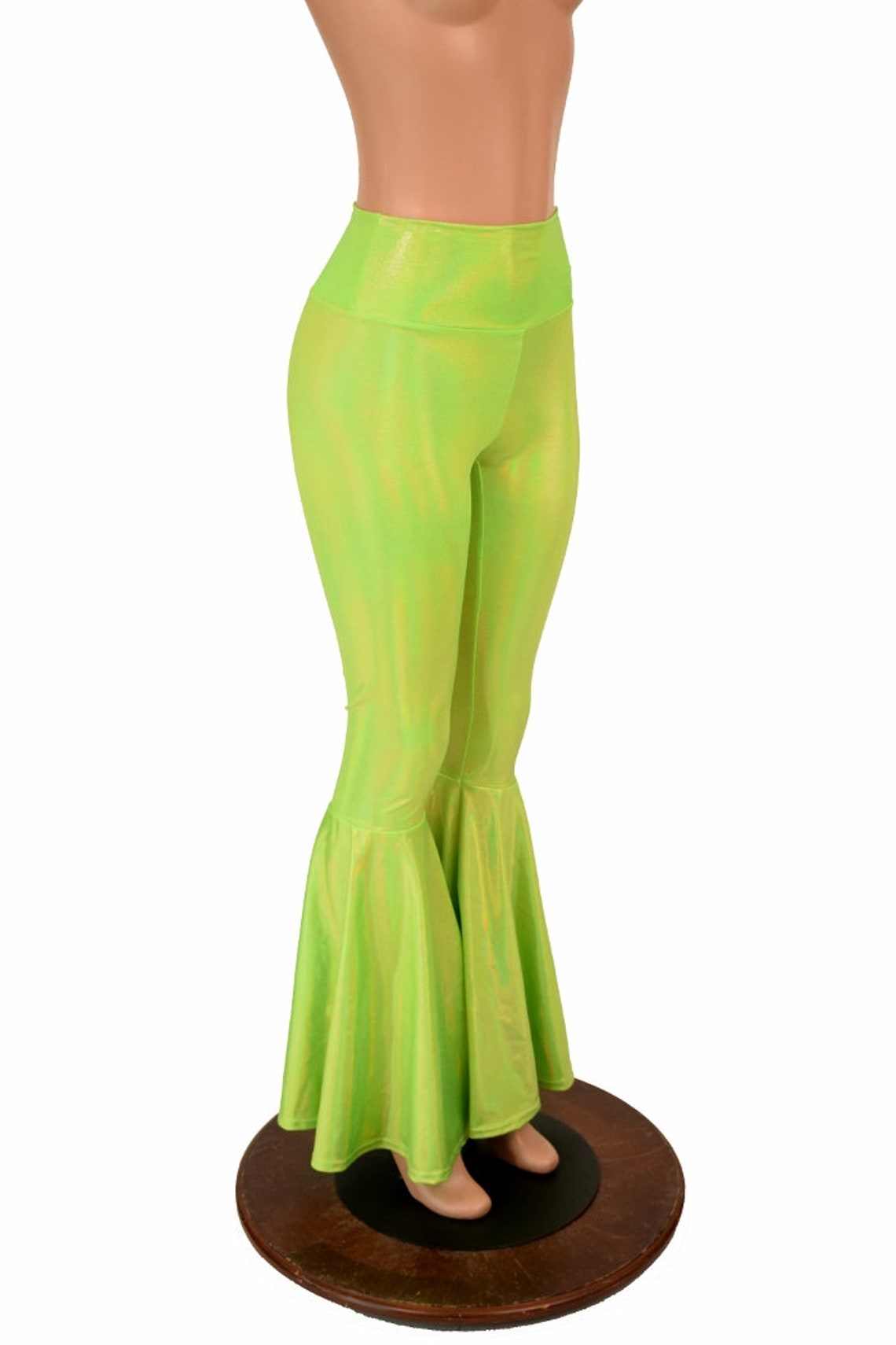 Lime Green Holographic Bell Bottom Flares Leggings With High - Etsy