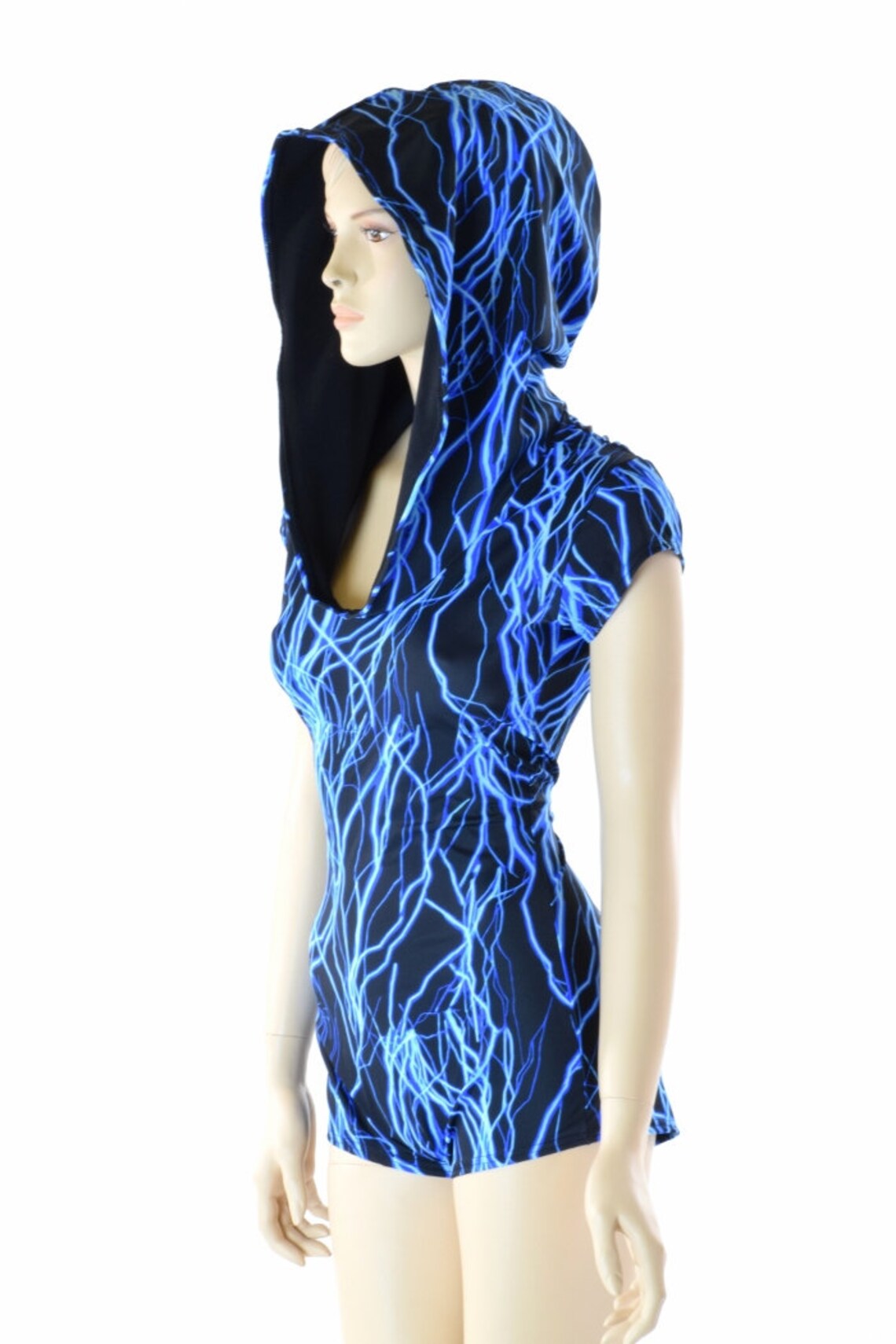 Neon UV Glow Blue Lightning Print Cap Sleeve Hoodie Romper - Etsy