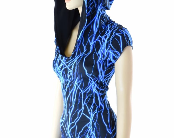 Neon UV Glow Blue Lightning Print Cap Sleeve Hoodie Romper - Etsy