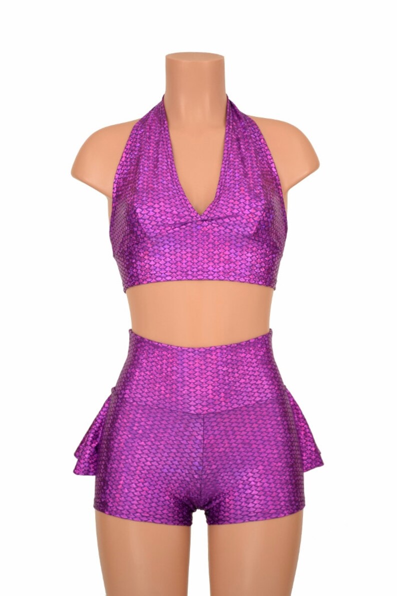 Purple Fish Scale Tie Back Halter Top & High Waist Ruffle Rump | Etsy