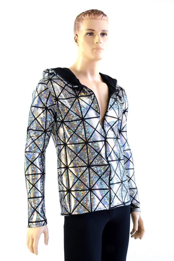 Mens Silver on Black Cracked Tile Holographic Long Sleeve Zipper Front ...