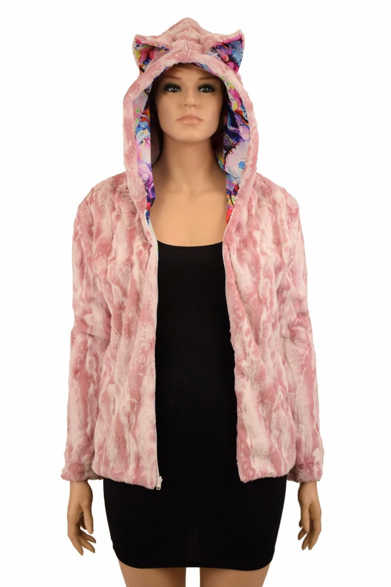 Rosewater Minky Faux Fur Long Jacket With Kitty Ears Lined in UV GLOW ...