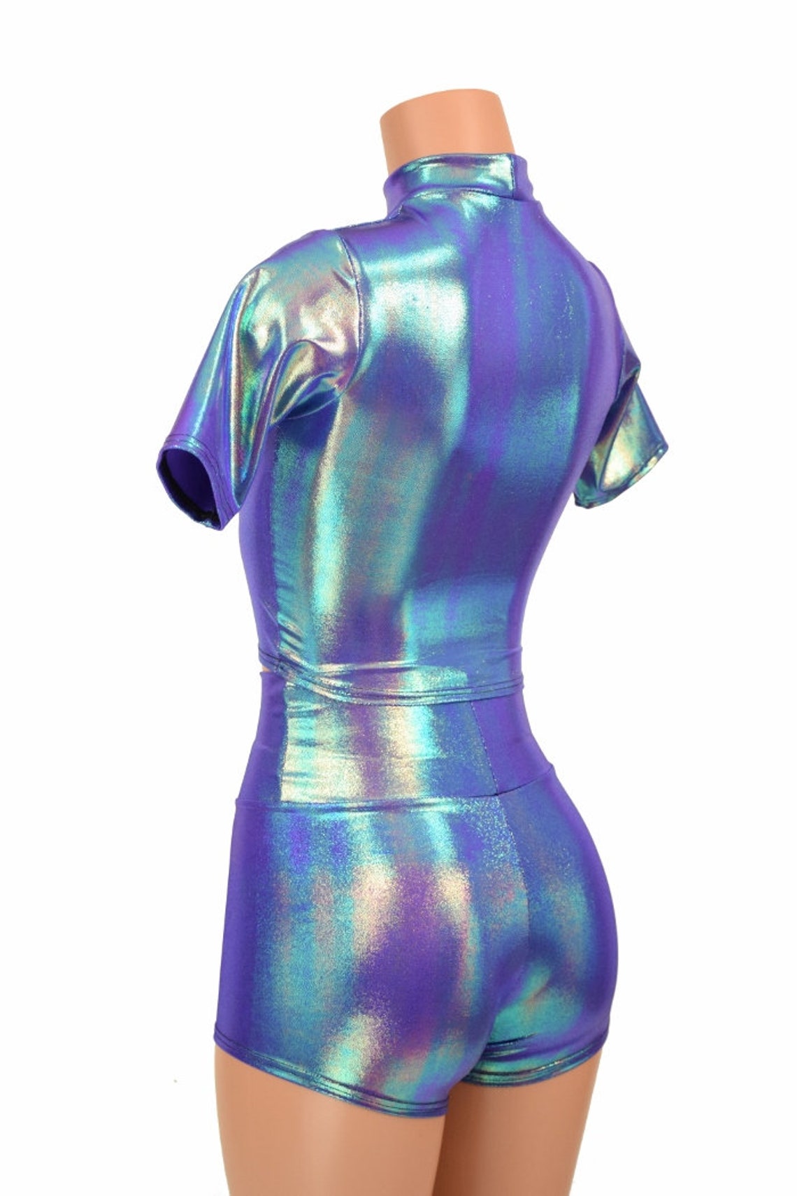 Moonstone Metallic Tee Length Sleeve Short Collar Crop Top & High Waist ...