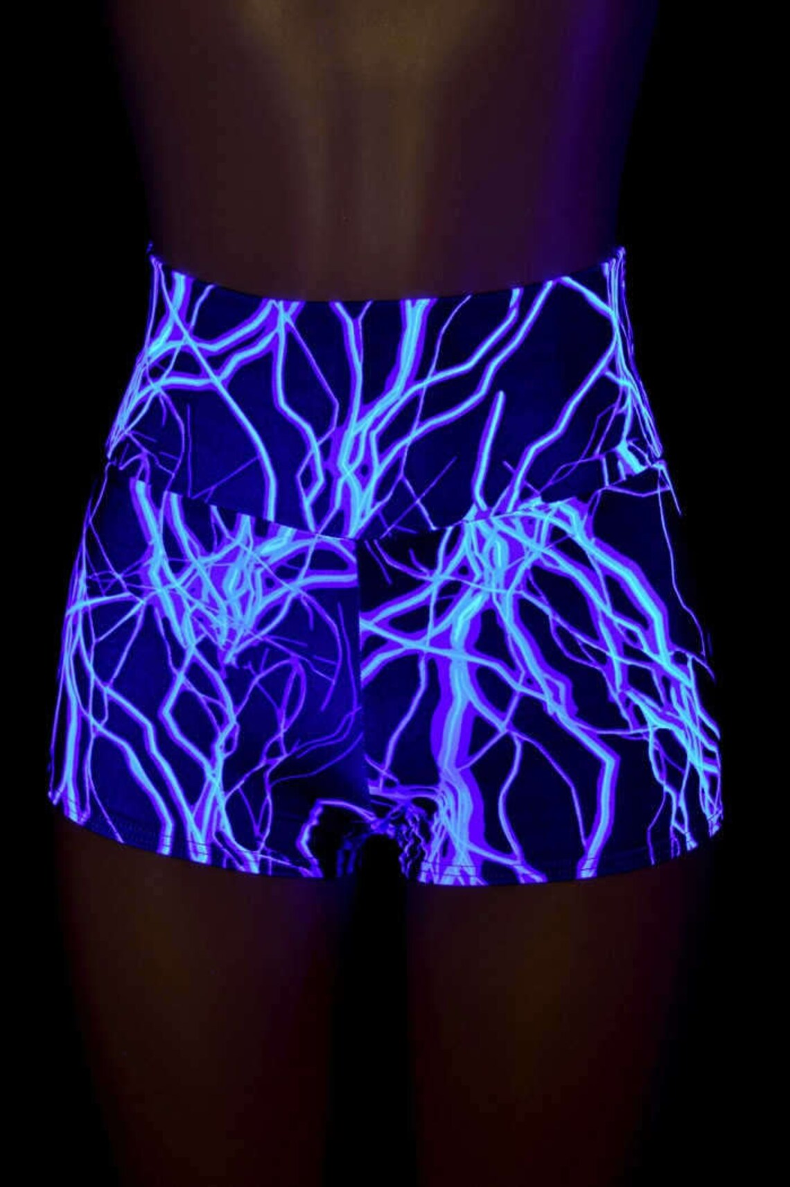 NEON UV Glow Blue Lightning Print High Waist Shorts 154283 - Etsy