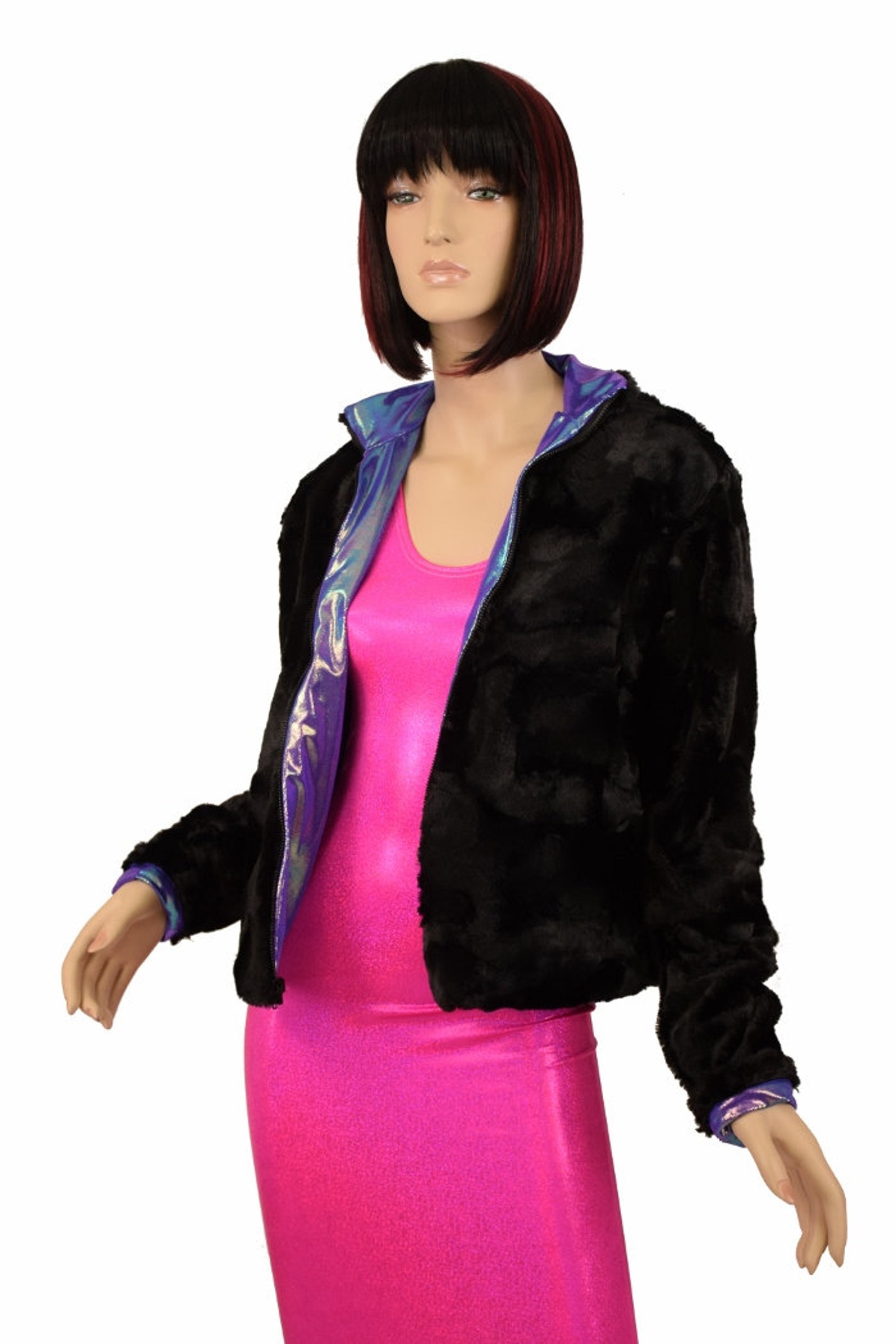 Reversible Black Minky Faux Fur Short Hoodless Jacket With Moonstone ...