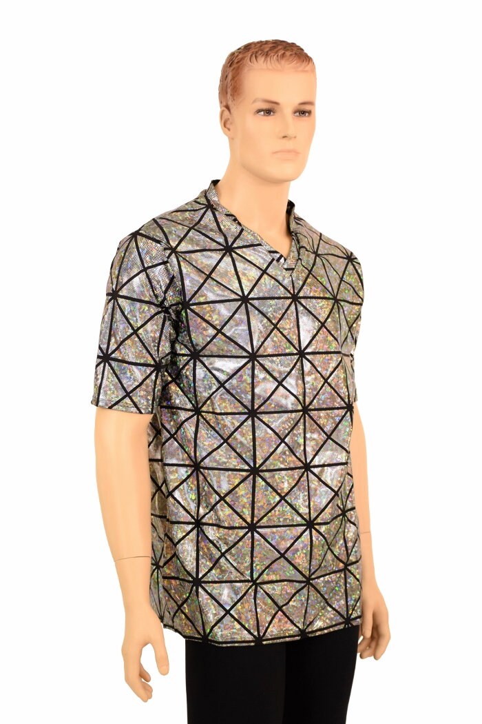 Mens Silver on Black Cracked Tile Holographic V Neck Top With Short ...