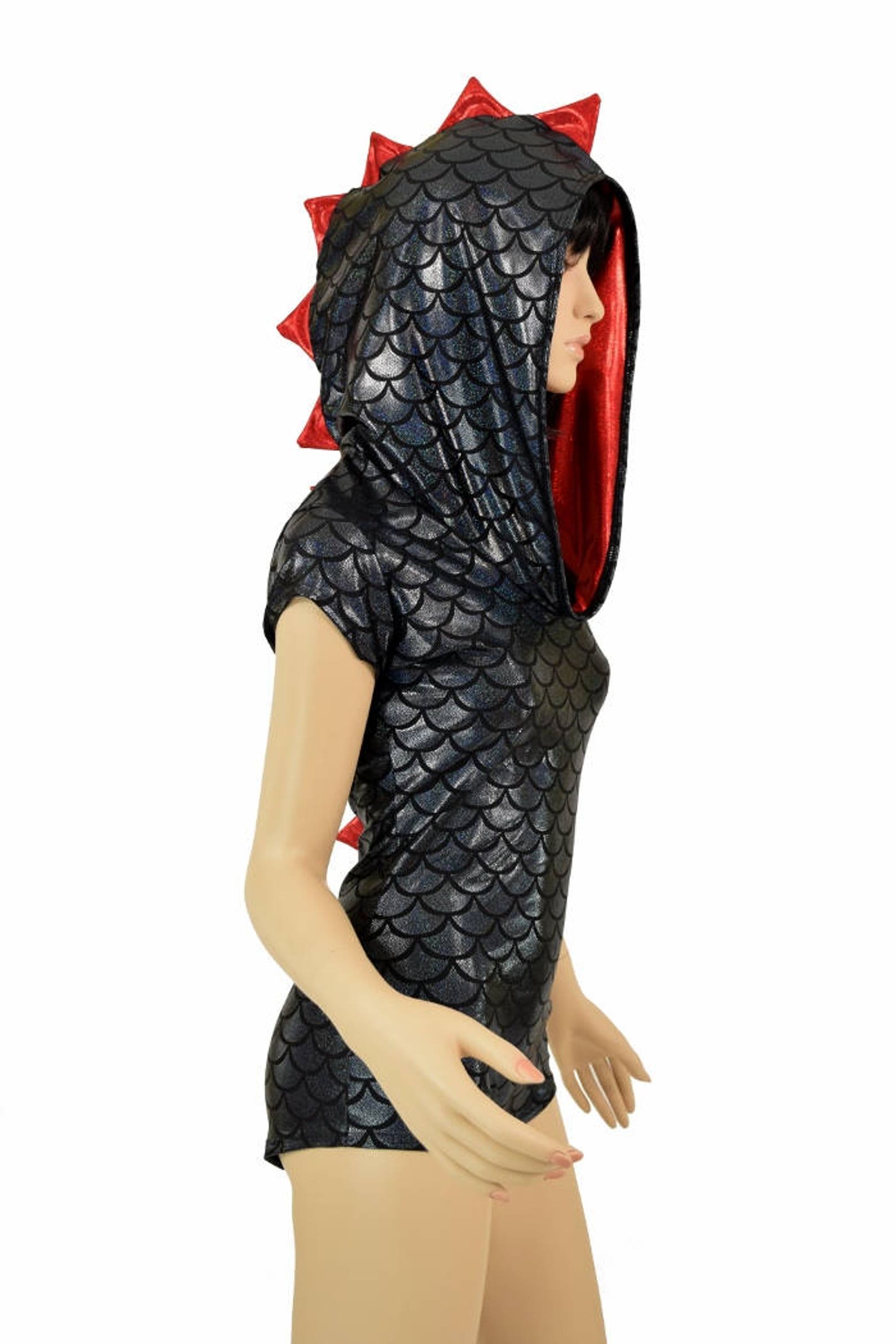 Black Dragon Scale Cap Sleeve Hoodie Romper With Red - Etsy