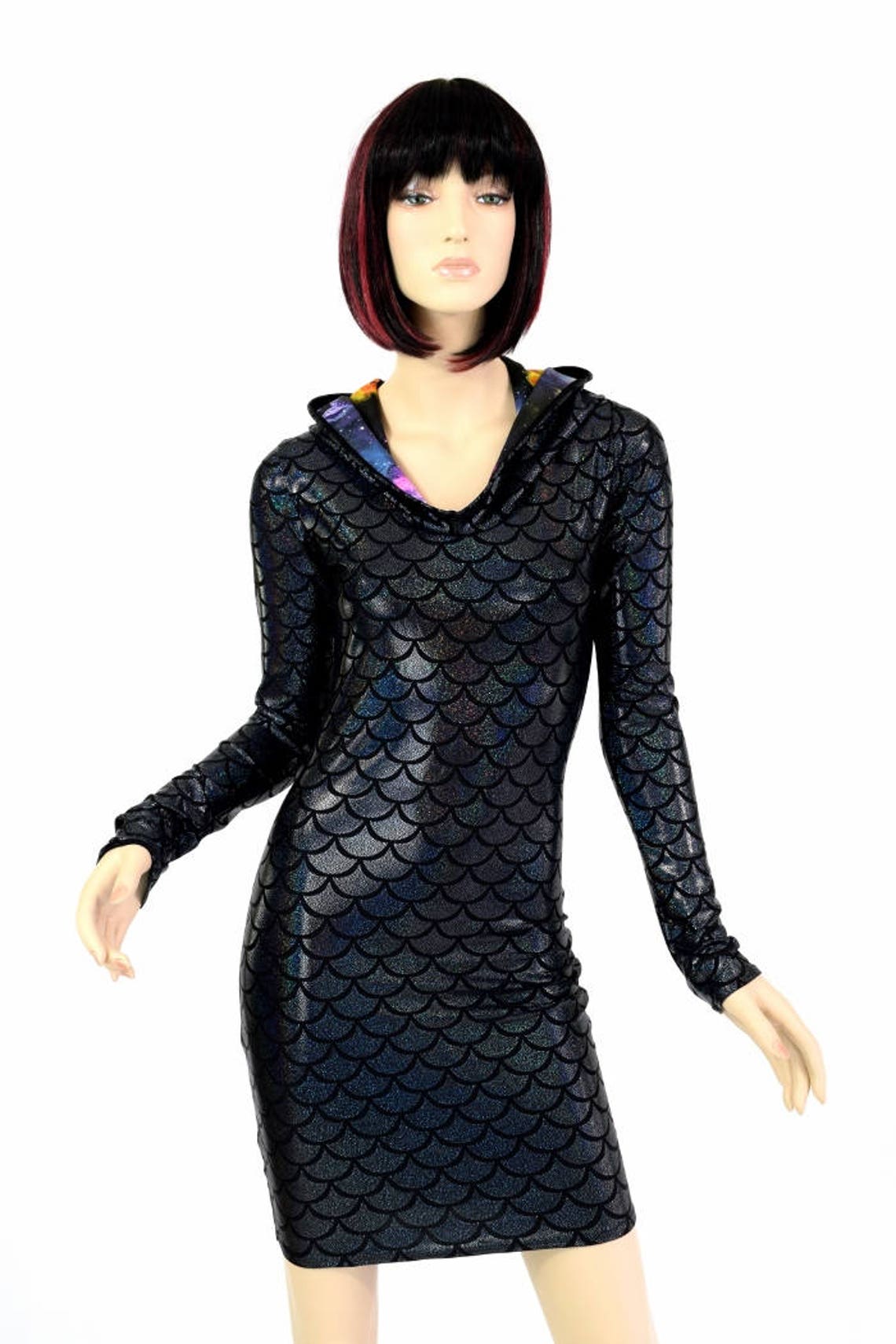 Black Scale Dragon Bodycon Hoodie DRESS With Long Sleeves & - Etsy