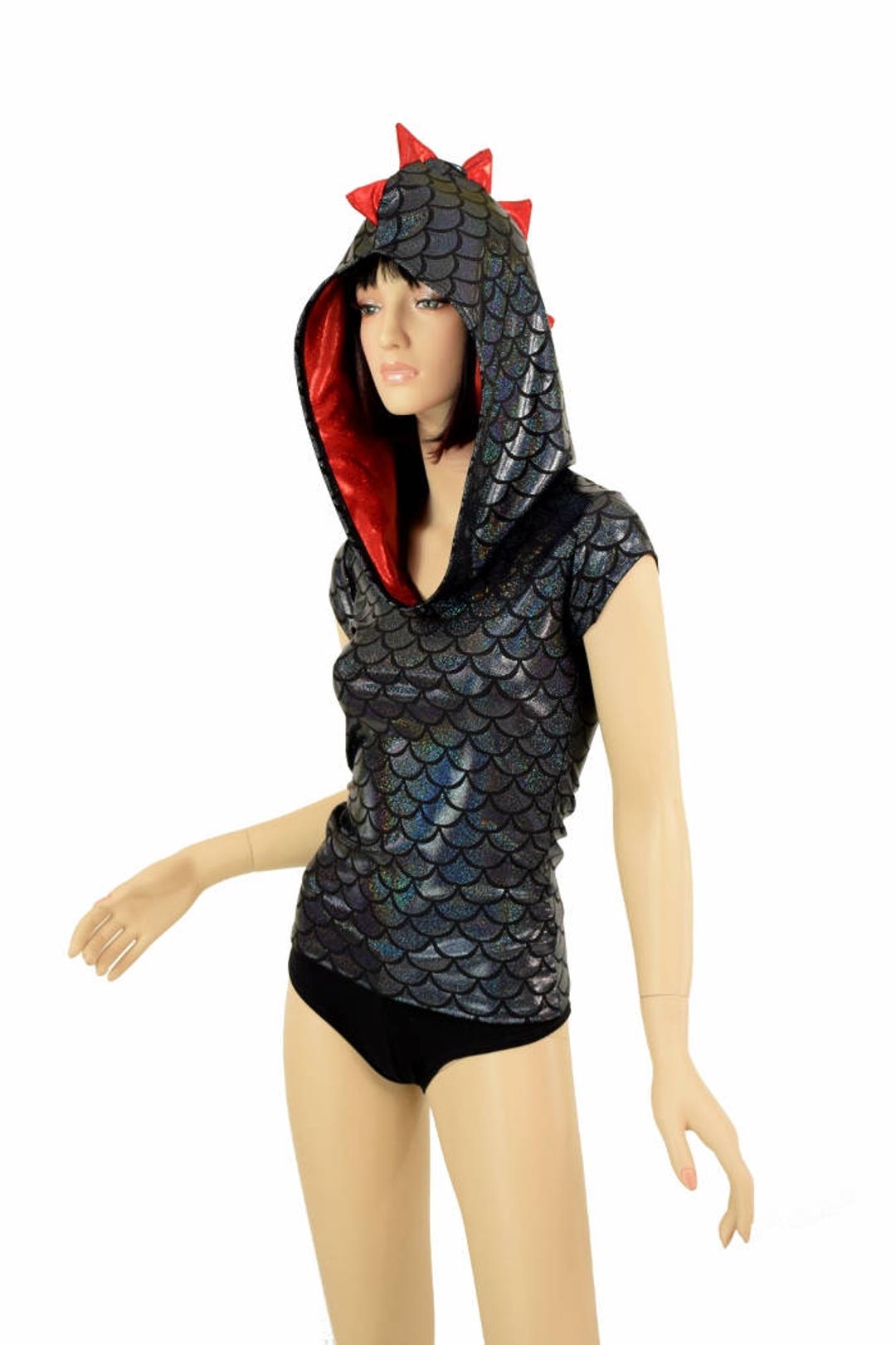 Full Length Black Dragon Scale Cap Sleeve Dragon Hoodie Top With Red ...