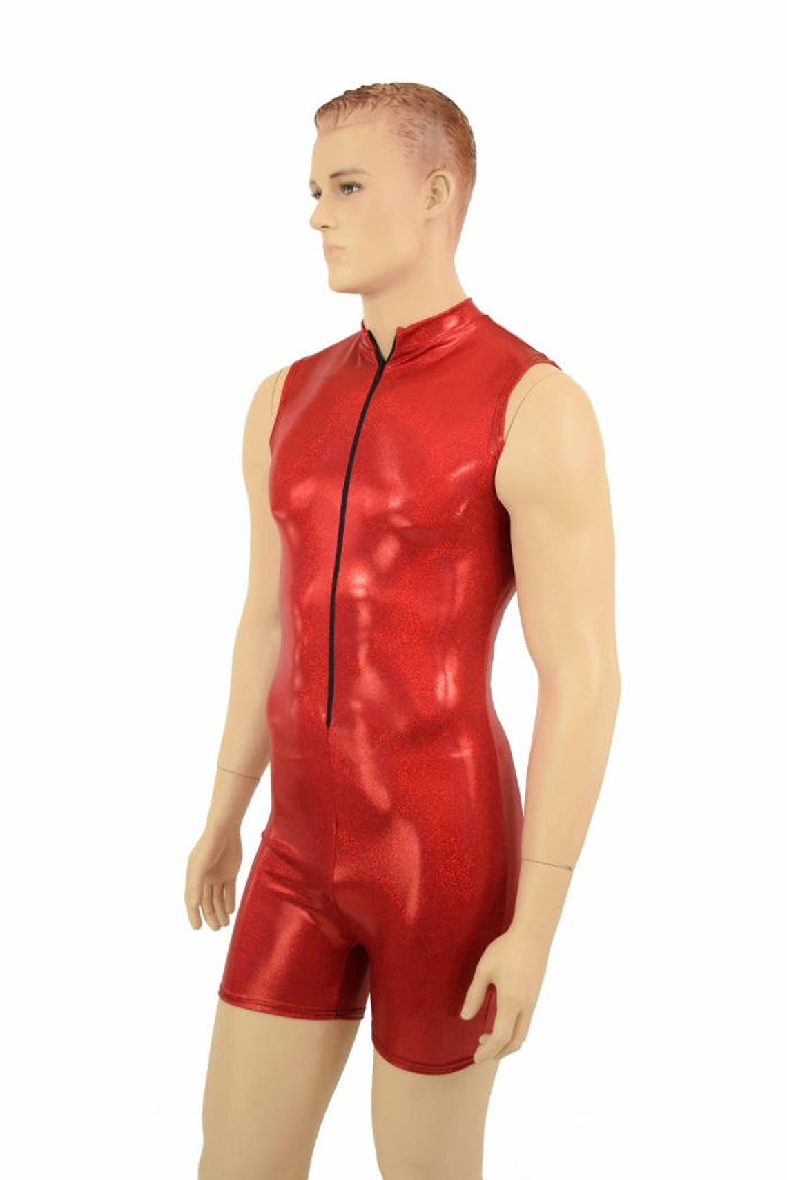Mens "stanley" Red Sparkly Jewel Zipper Front Sleeveless Romper- - Etsy