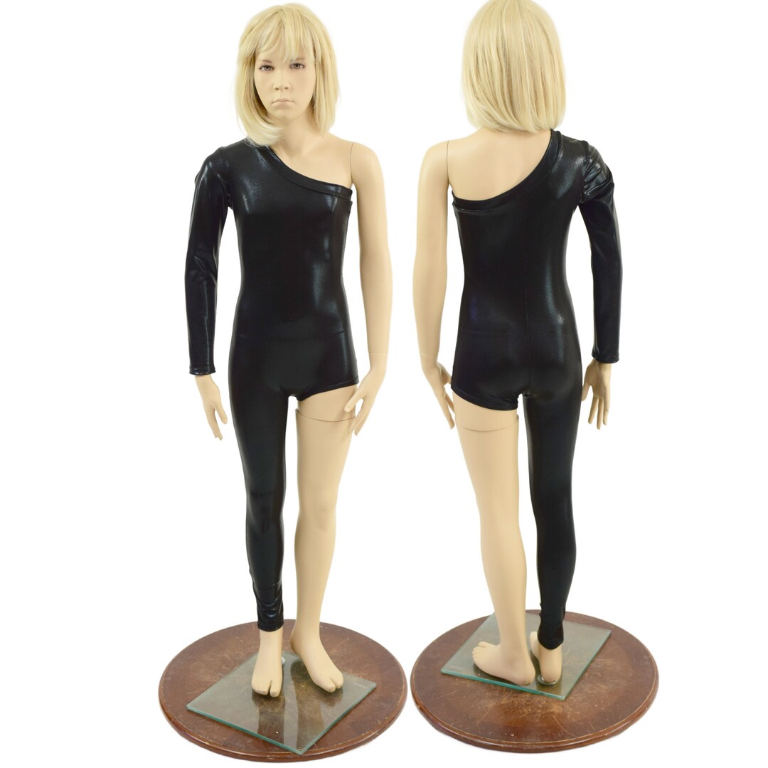 Kids Black Mystique Asymmetrical Catsuit Right Arm and Leg, Brief Cut ...