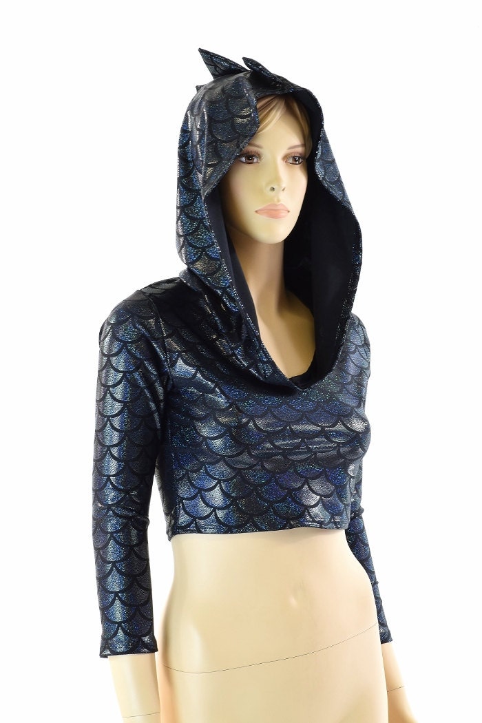 Black Holographic Dragon Scale Spiked 3/4 Sleeve Crop Hoodie | Etsy