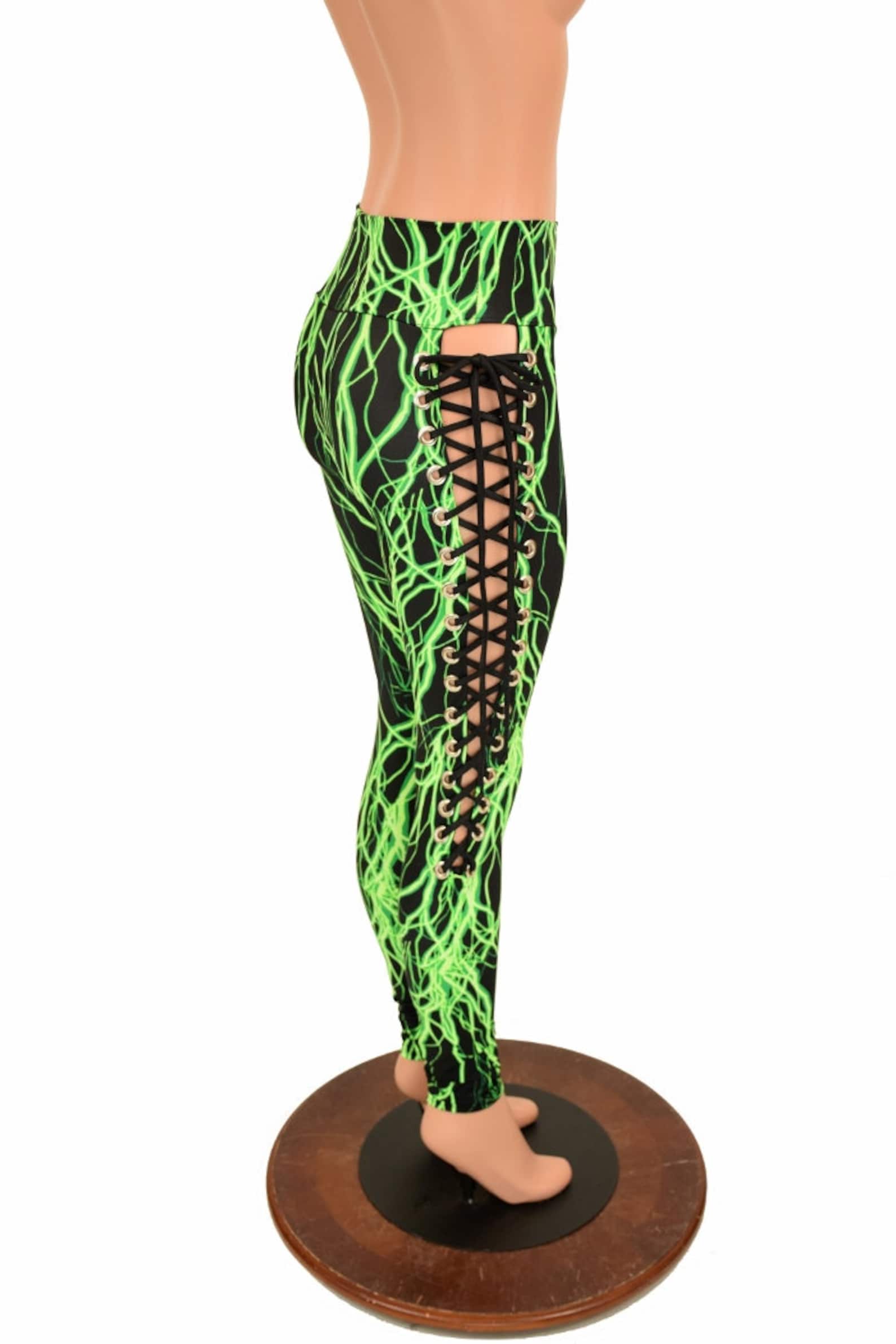 UV GLOW Green Lightning Lace up High Waist Leggings With - Etsy