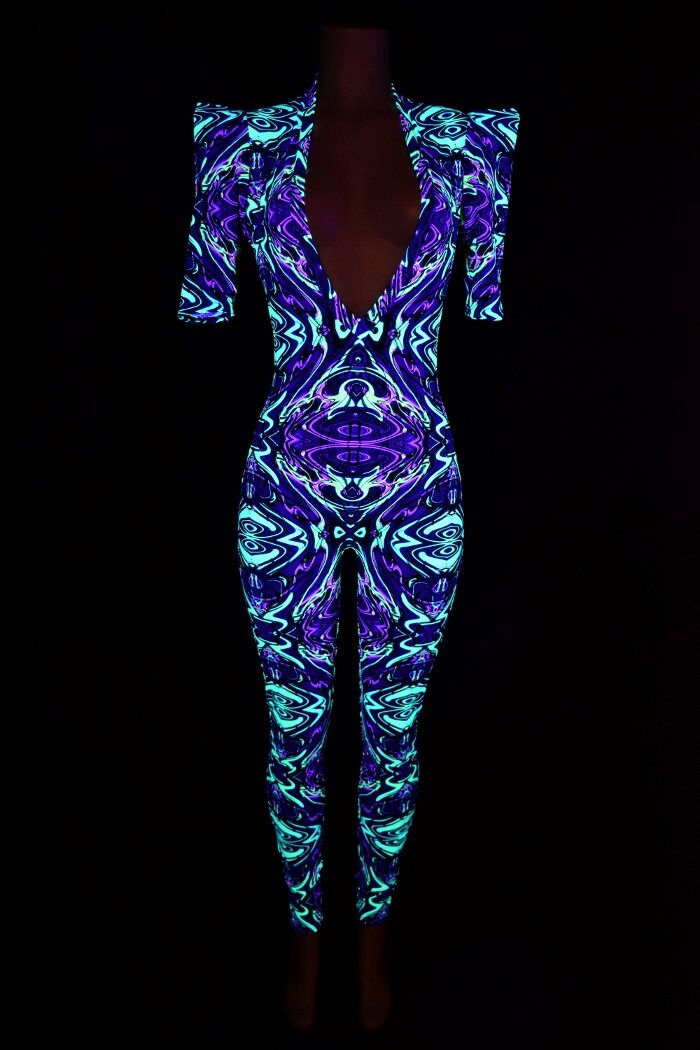Neon Melt Sharp Shoulder Half Sleeve Plunging V Neck UV GLOW Catsuit ...