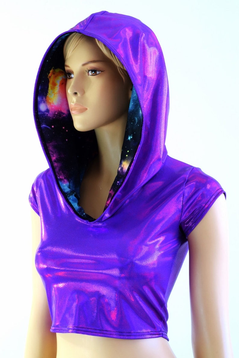 Purple Holographic Cap Sleeve Crop Hoodie & Galaxy Hood Liner Rave ...