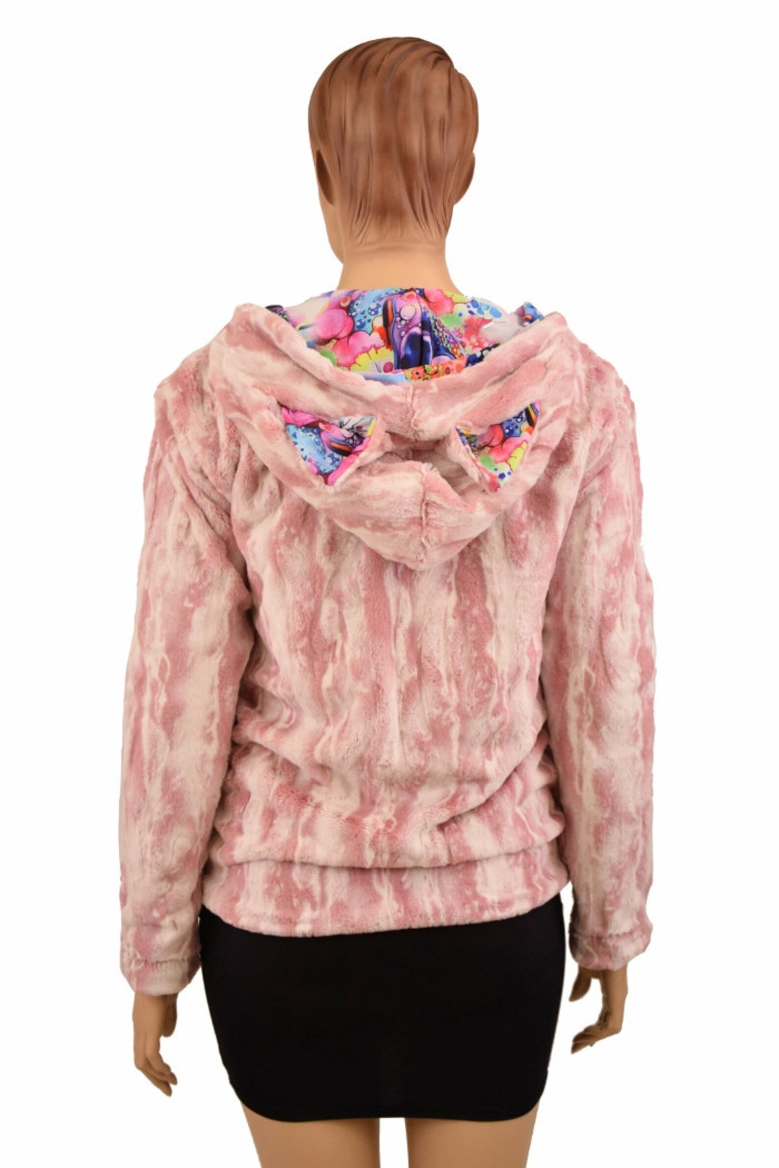 Rosewater Minky Faux Fur Long Jacket With Kitty Ears Lined in UV GLOW ...