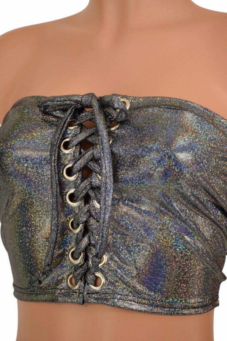 Silver Holographic Lace up Strapless Style Crop Top Sleeveless - Etsy