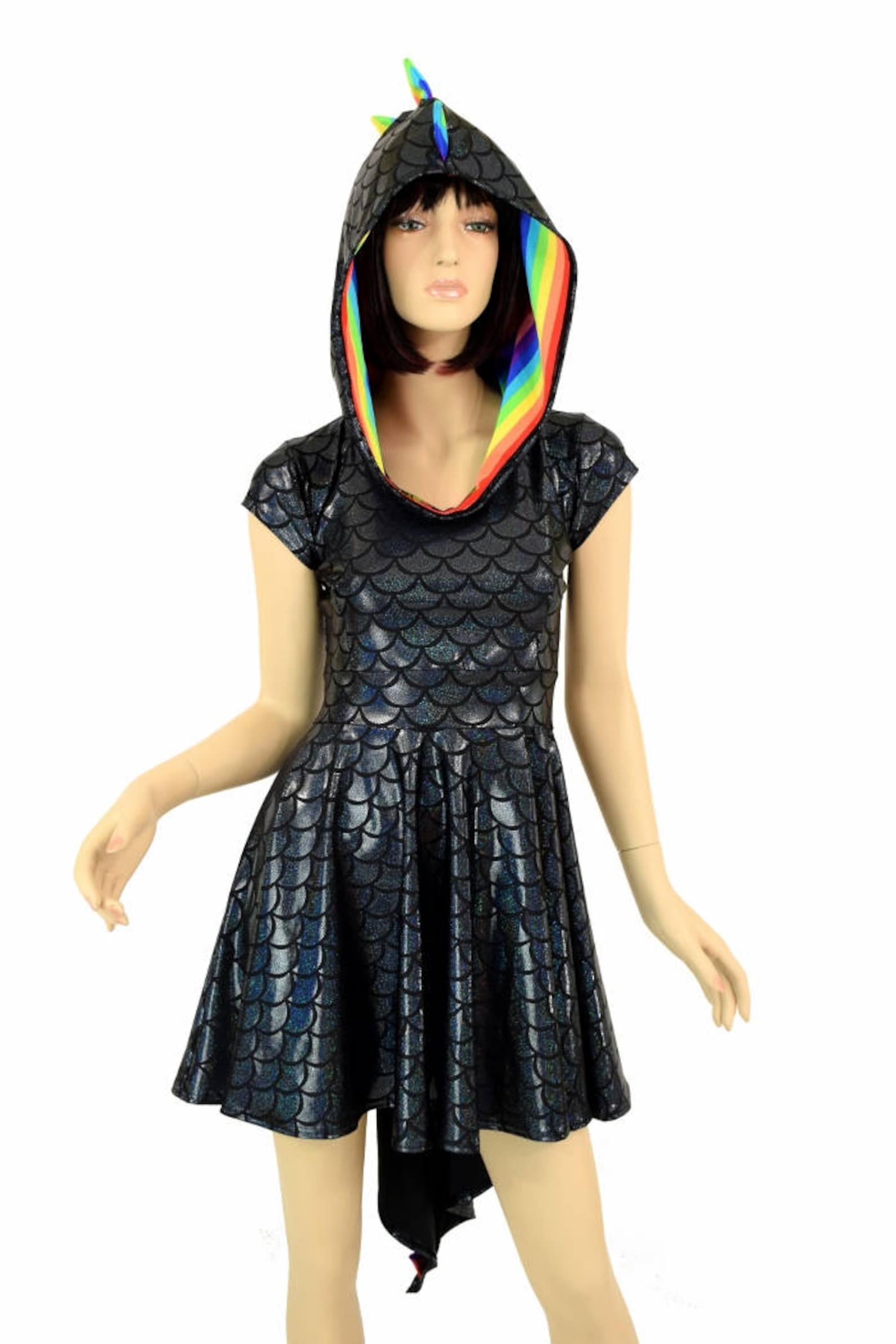 Black Dragon Scale Cap Sleeve Hoodie Skater Dress With Dragon Tail ...