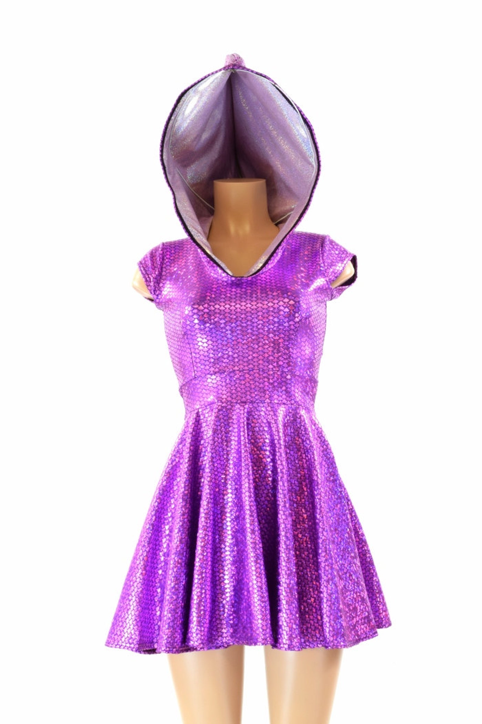 Purple Holographic Fish Scale Cap Sleeve Hoodie Skater Dress With Lilac ...