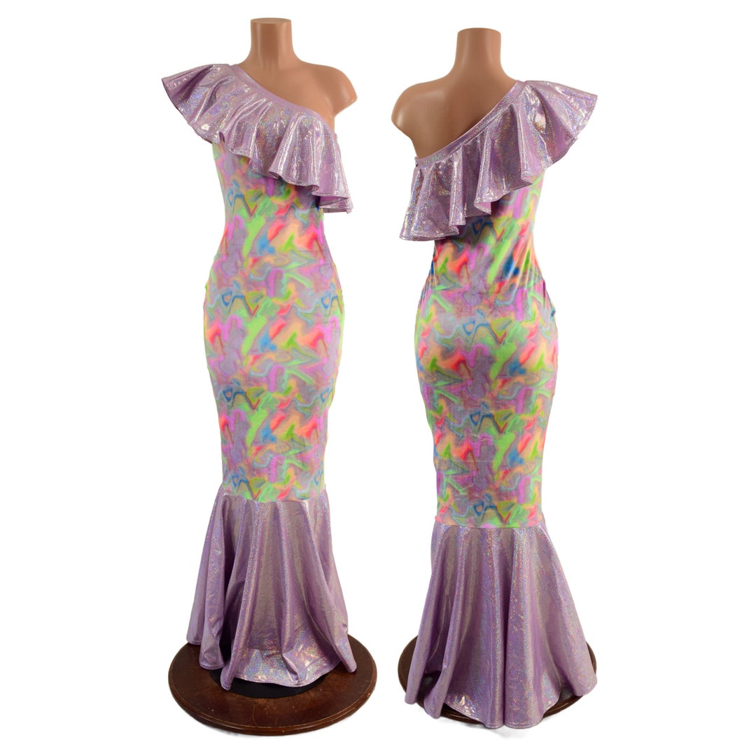 Mirage Velvet One Shoulder Gown With Lilac Holographic Shoulder Ruffle ...