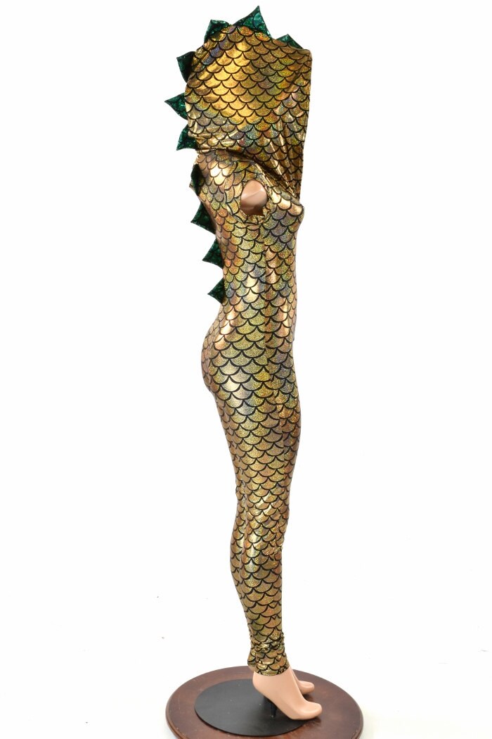 Gold Dragon Scale Zipper Front Cap Sleeve Hooded Catsuit With - Etsy