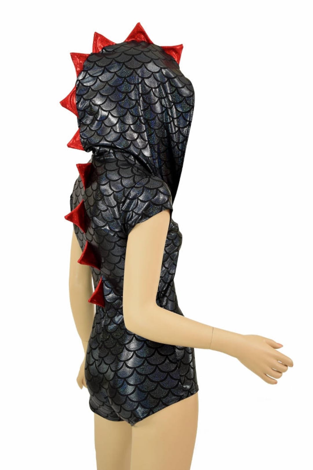 Black Dragon Scale Cap Sleeve Hoodie Romper With Red Holographic Spikes ...
